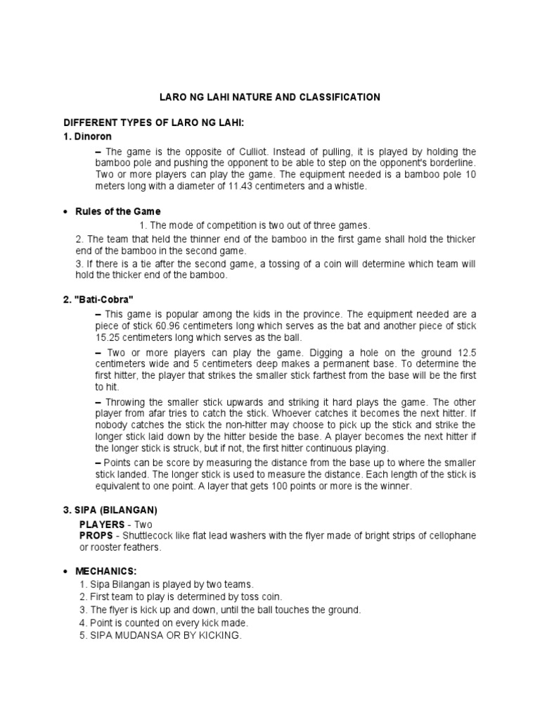 Classification and Descriptions of Traditional Philippine Games: Laro ...