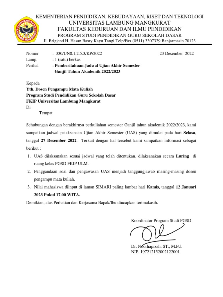 A. Surat PEMBERITAHUAN JADWAL UAS PGSD FKIP ULM GANJIL 2022 2023 Dan Lampiran | PDF