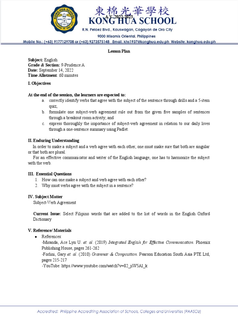 SAMPLE LESSON PLAN Formal | PDF | English Language | Subject (Grammar)