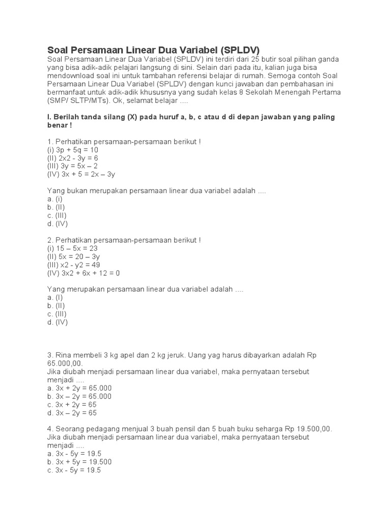 Soal Persamaan Linear Dua Variabel | PDF