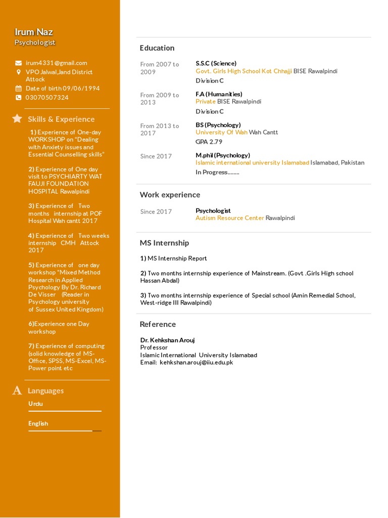 Psychologist CV: Education & Experience | PDF | Cognitive Science ...