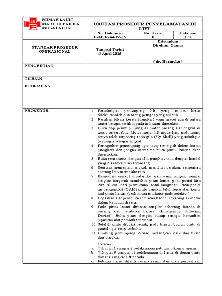 SOP Urutan Prosedur Penyelamatan Di Lift | PDF