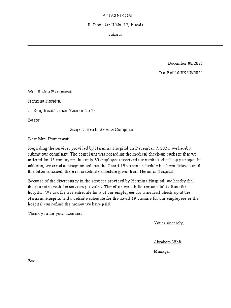 Surat Komplain Pelayanan Rumah Sakit | PDF