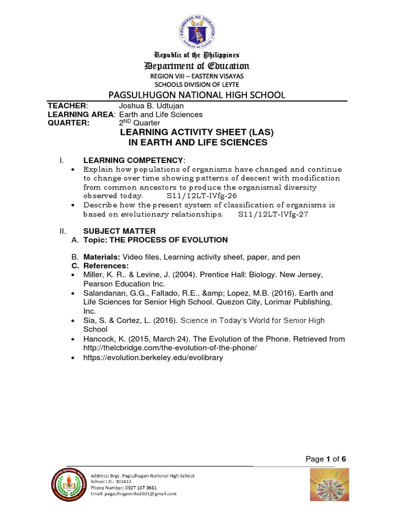 EARTH AND LIFE SCIENCES - SENIOR HIGH SCHOOL - Learning Activity Sheet ...