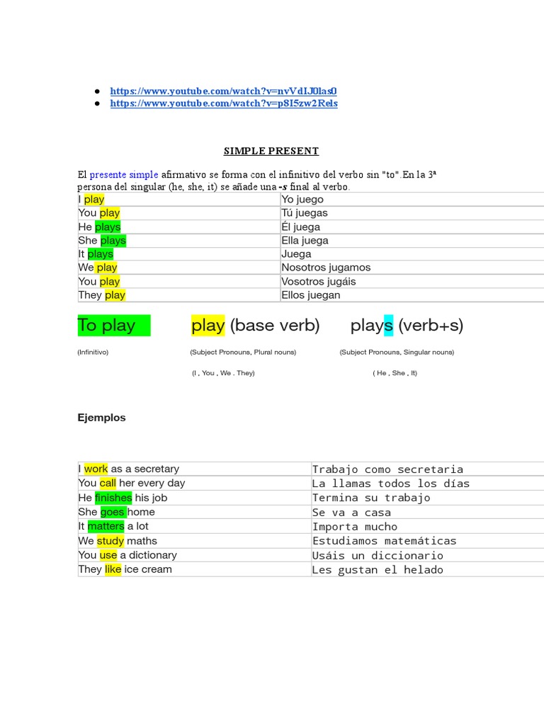 Ejemplos de presente simple afirmativo | PDF | Tipología Lingüística ...