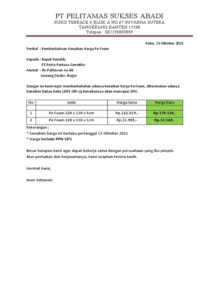 Surat Kenaikan Harga PT - PPG 13 Okt | PDF