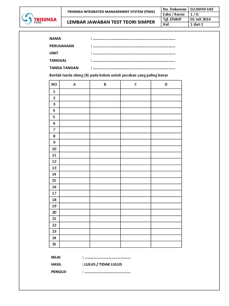 Lembar Jawaban Simper Test Teori | PDF
