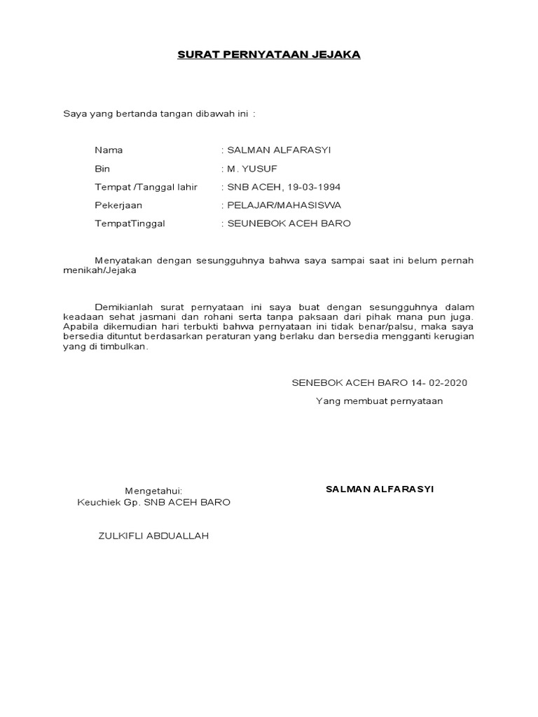 Surat Pernyataan Jejaka dan Perawan | PDF