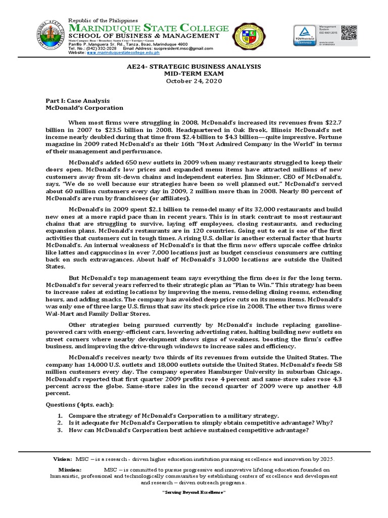 Strategic Business Analysis Midterms | PDF | Mc Donald's | Strategic Management