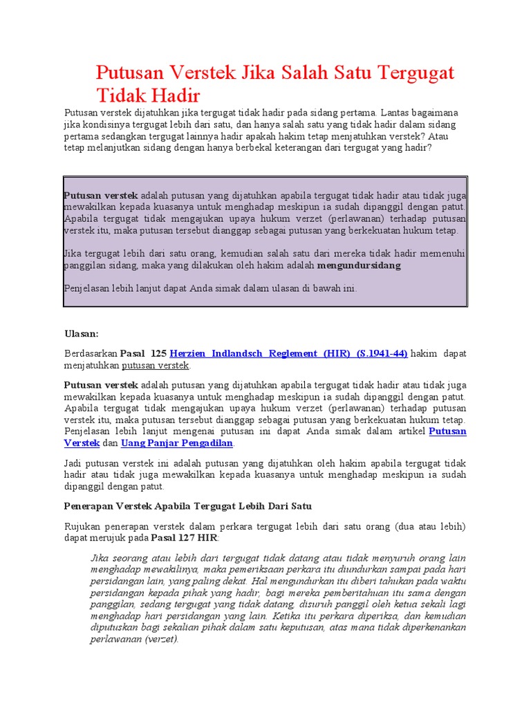 Putusan Verstek Jika Salah Satu Tergugat Tidak Hadir | PDF