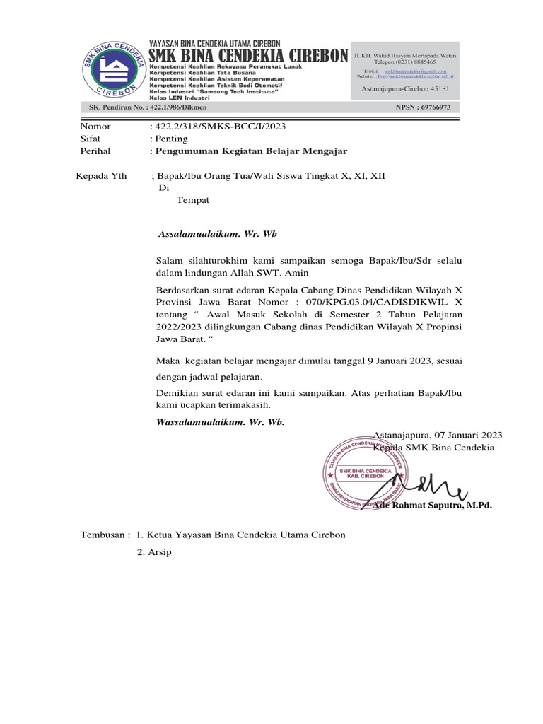 Surat Edaran Mulai KBM SMSTR 2 | PDF