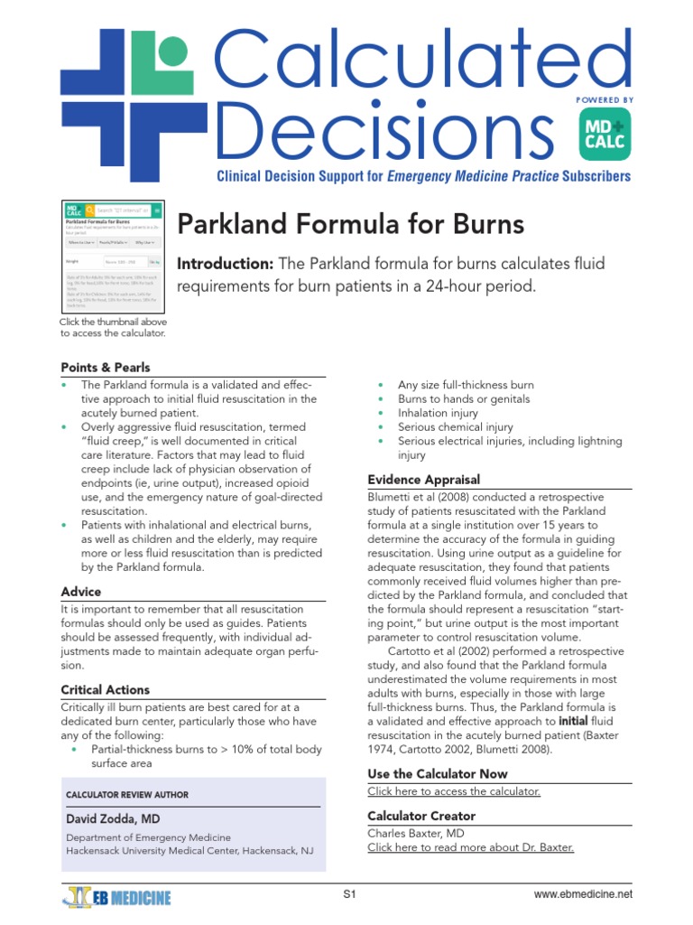 Parkland Formula For Burns Calculated Decisions | PDF | Burn | Medicine