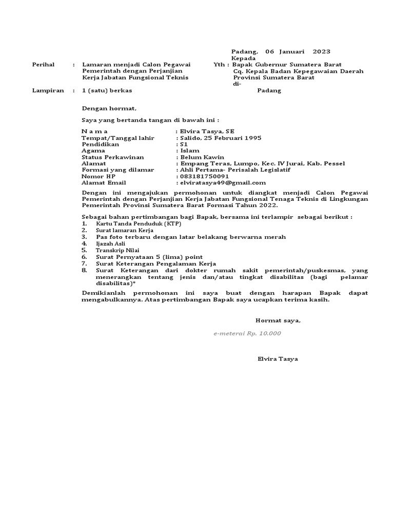 Contoh Surat Lamaran Dan Surat Pernyataan 5 Point PPPK Tenaga Kesehatan | PDF