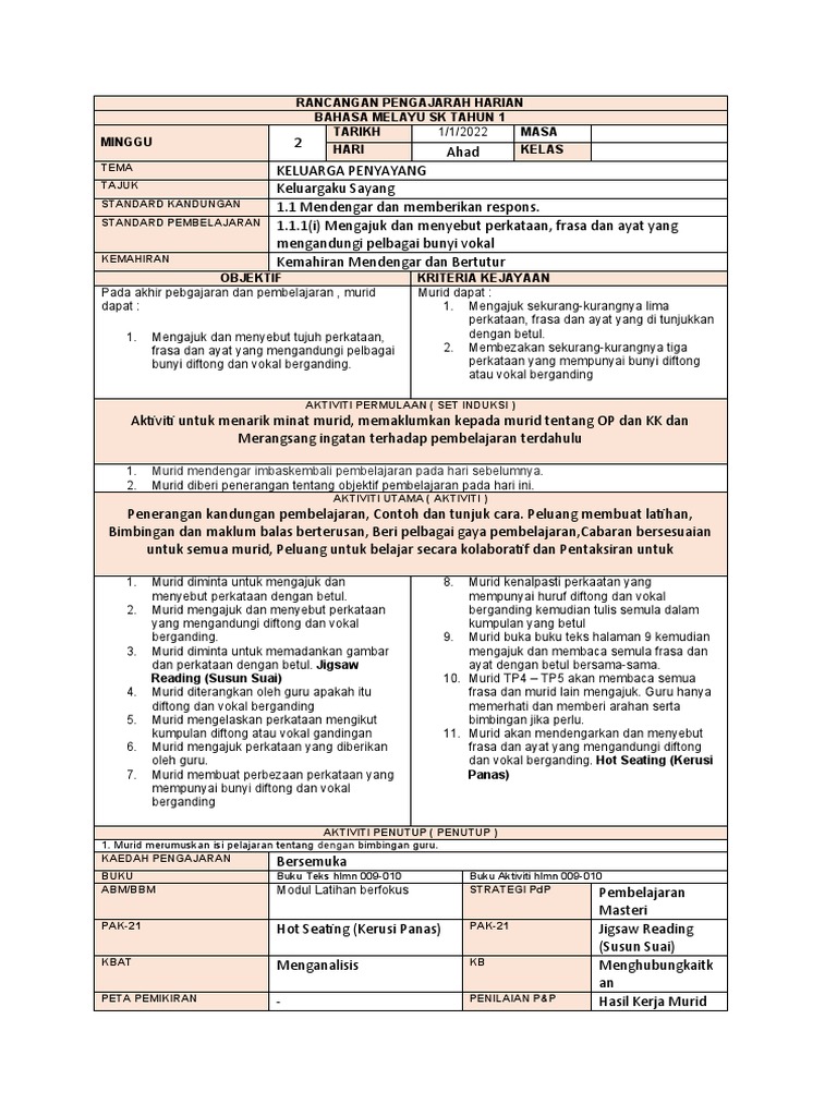 RPH BM Tahun 1 Minggu 2 Penggal Ke3 | PDF | Karier & Perkembangan