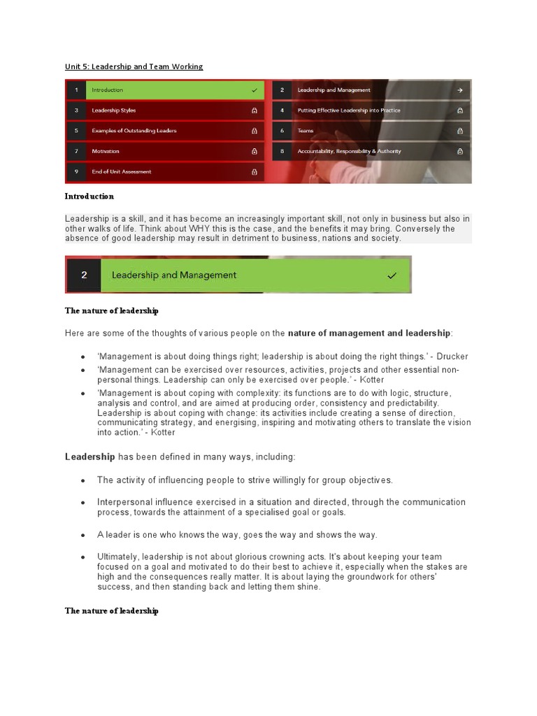 EPSM Unit 5 Leadership and Team Working | PDF | Motivation | Motivational