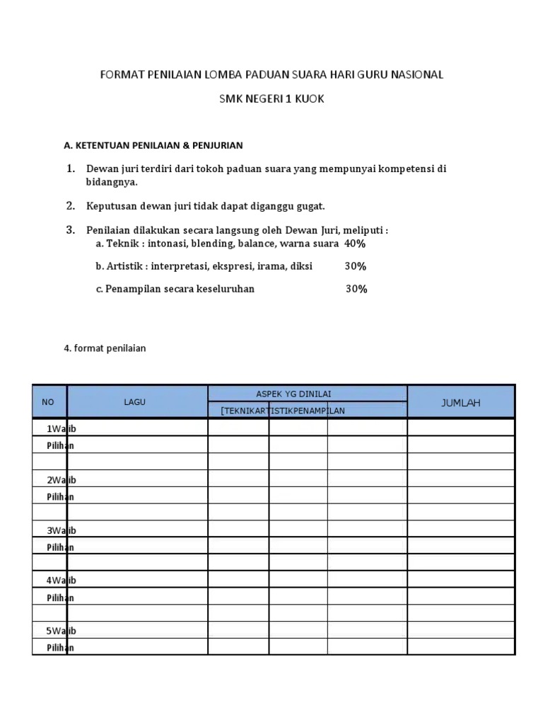 Format Penilaian Lomba Paduan Suara Hari Guru Nasional | PDF Format Penilaian Lomba Paduan Suara Hari Guru Nasional | PDF