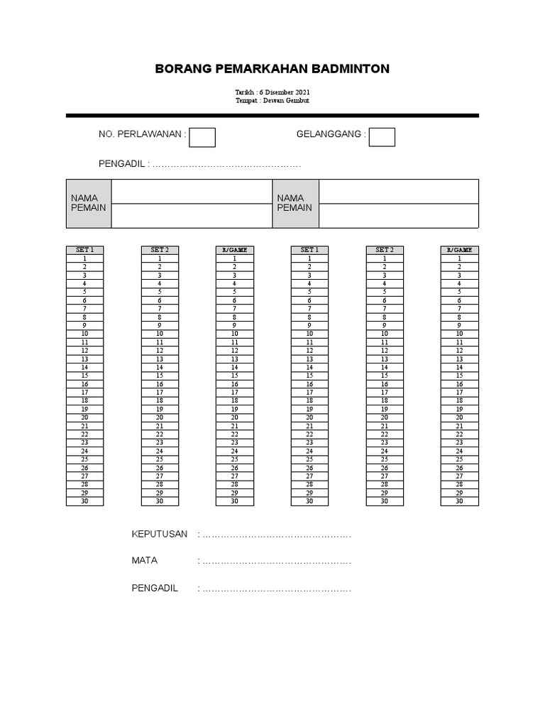 Borang Pemarkahan Badminton Pdf