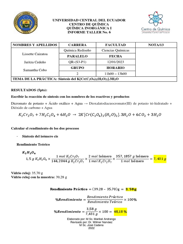 Síntesis de K[Cr(C2O4)2(H2O)2] | PDF | Isómero | Enlace químico