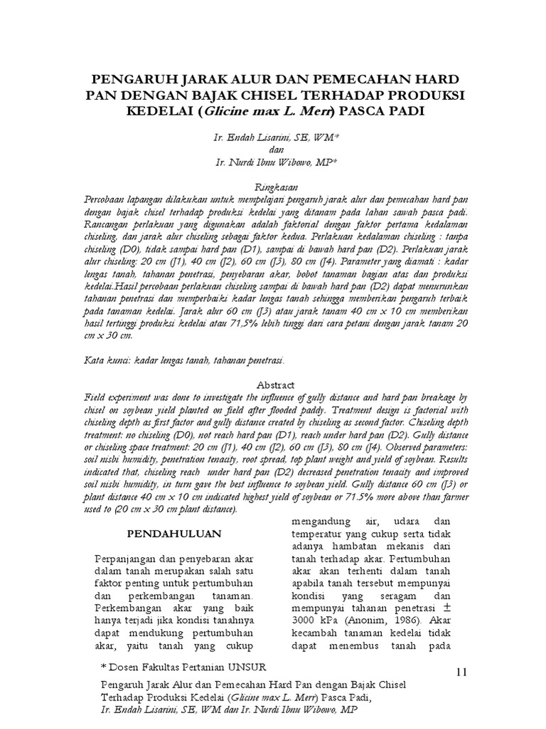 Pengaruh Jarak Alur dan Pemecahan Hard Pan dengan Bajak Chisel Terhadap ...