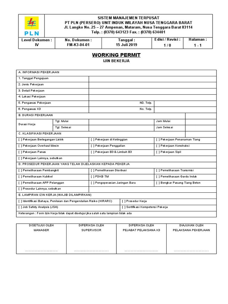 FM-K3-04-01 - Formulir Working Permit (Ijin Kerja) | PDF