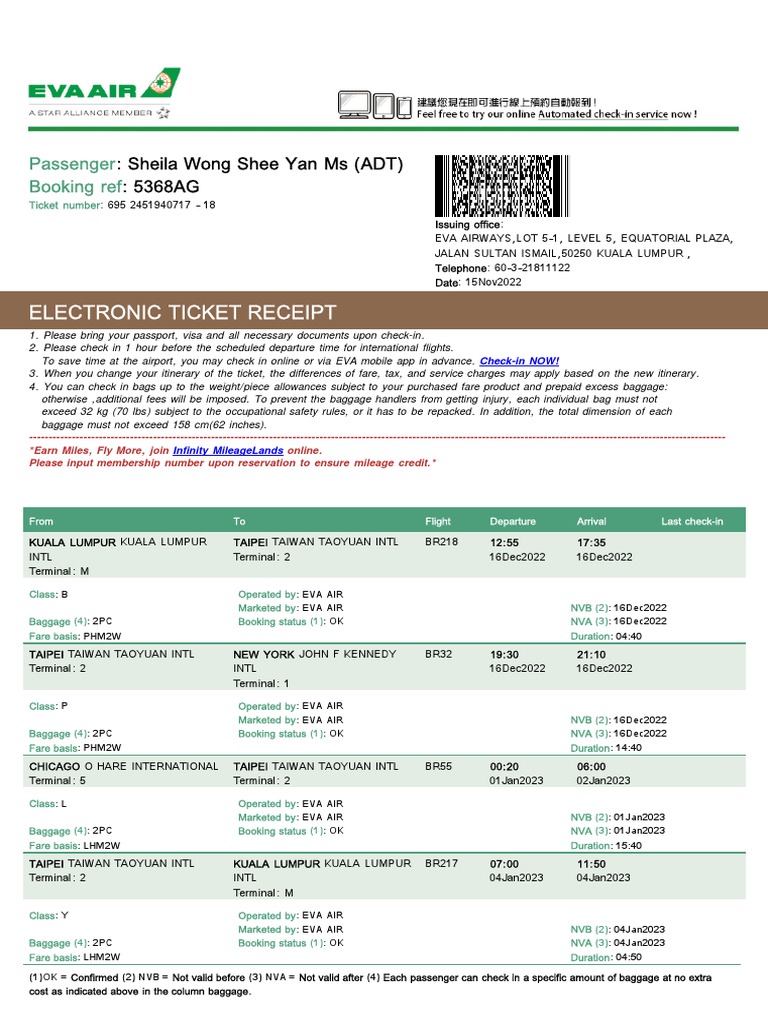 Passenger Itinerary and Electronic Ticket Receipt for Multi-City Flight ...