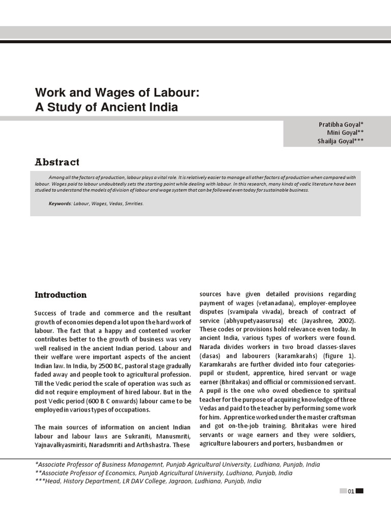 Work and Wages of Labour A Study of Ancient India | PDF | Cost Of ...