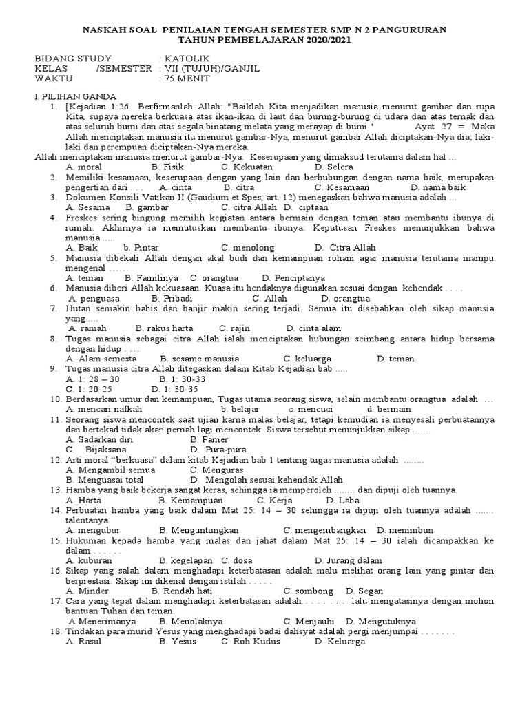 Soal Agama Katolik KLS 7 | PDF