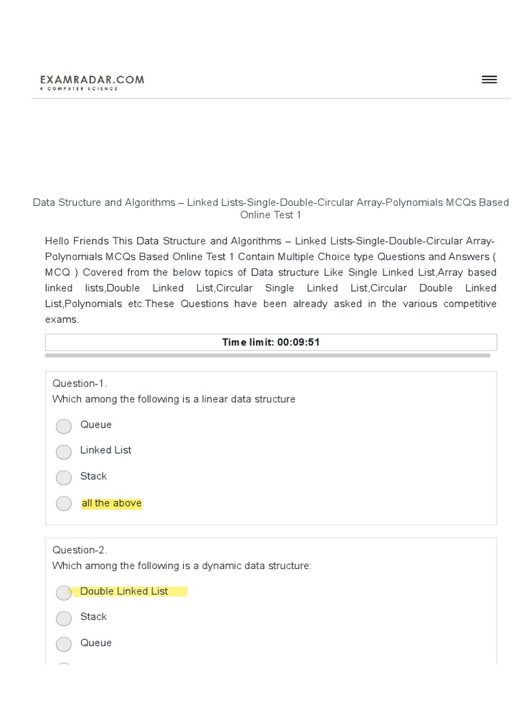 Examradar Com Linked Lists Single Array Based Double Circular MCQ Based ... Examradar Com Linked Lists Single Array Based Double Circular MCQ Based ...
