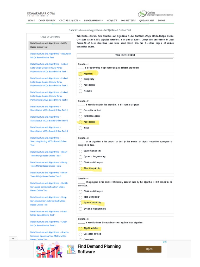 Examradar Com Data Structure Algorithms Mcq Based Online Tests 1 Pdf Multiple Choice