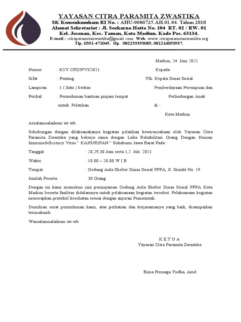 Surat Permohonan Pinjam Tempat Odhiv | PDF