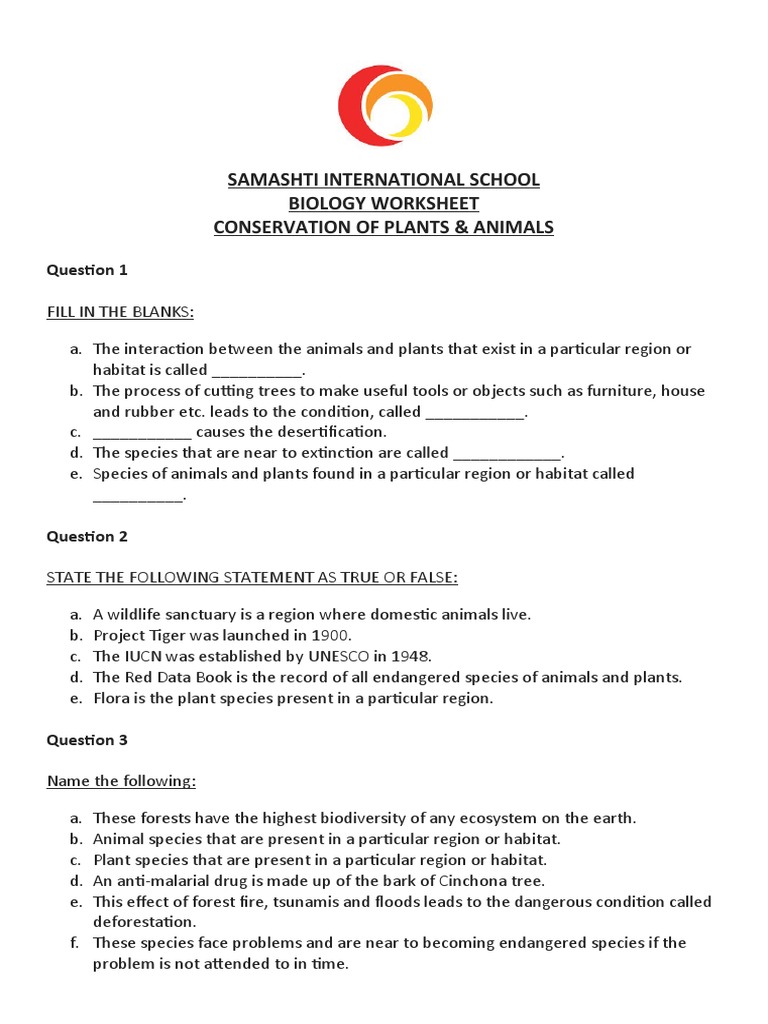 Samashti International School Biology Worksheet Conservation of Plants ...