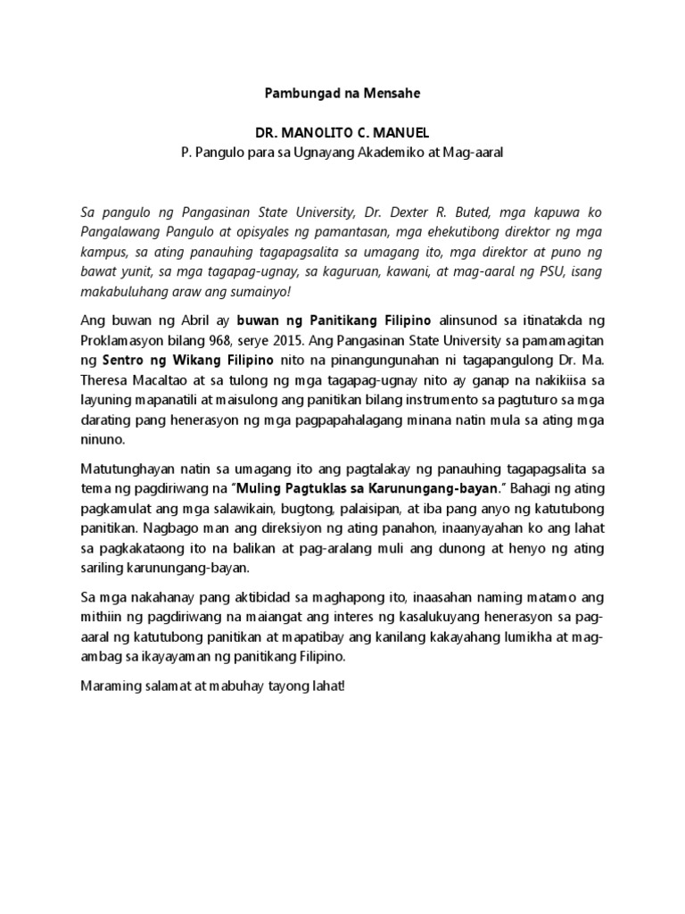 Pambungad Na Mensahe Sa Buwan Ng Wika Memorial Day 2026