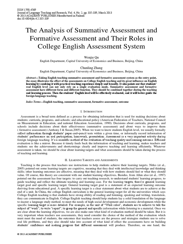 The Analysis of Summative Assessment and Formative Assessment and Their Roles in College English ...