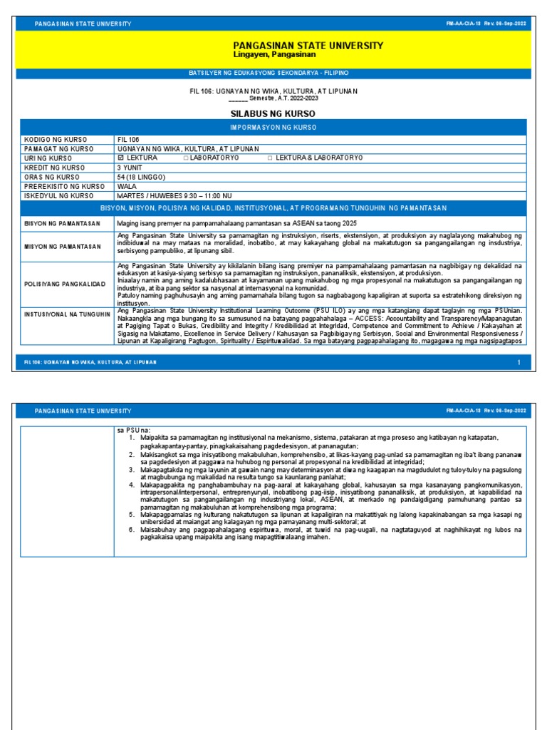 Filipino Program Outcomes | PDF