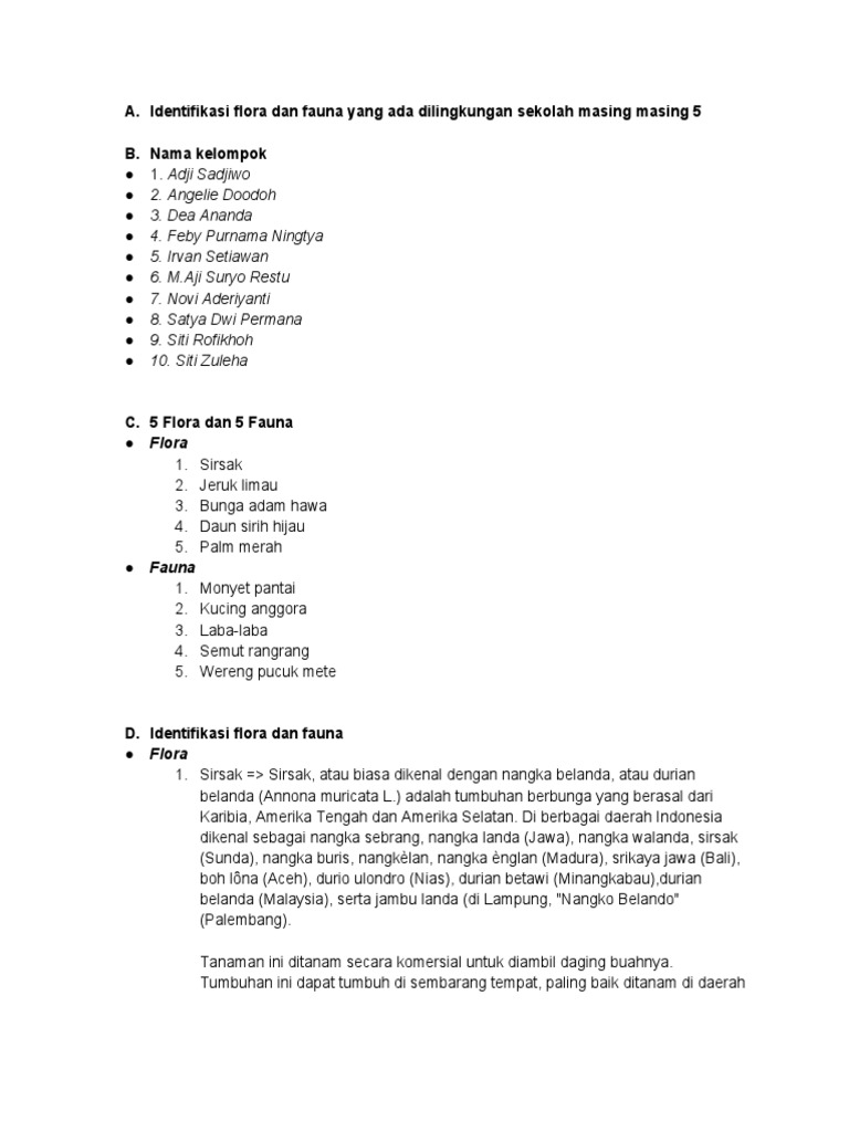 Identifikasi Flora Dan Fauna Yang Ada Dilingkungan Sekolah Masing Masing 5 | PDF
