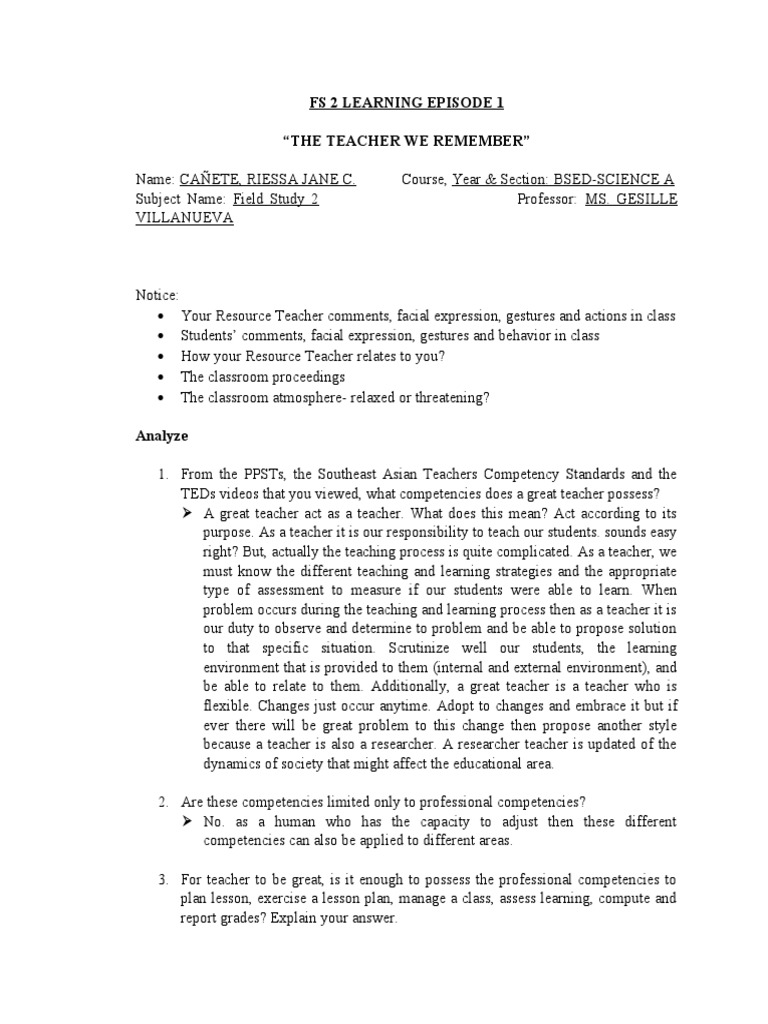 Field Study 2 | PDF | Teachers | Teaching Method