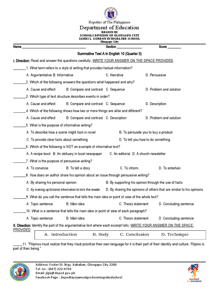 English 10 Summative Test A Q3 | PDF | Causality | Cognition