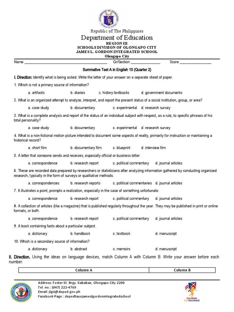 English 10 Summative Test A Guide | PDF | Coca Cola | Adverb