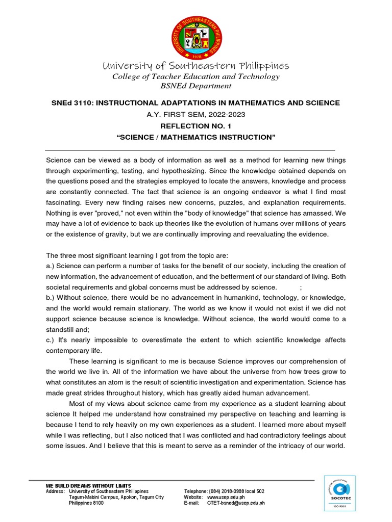 BSNEd Template Reflection No. 1 SNEd 3110 | PDF | Science | Mathematics