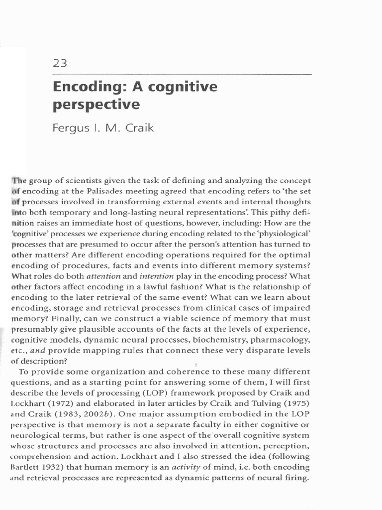 Encoding: Cognitive Perspective: Fergus I. M. .Craik | PDF | Memory | Recall (Memory)