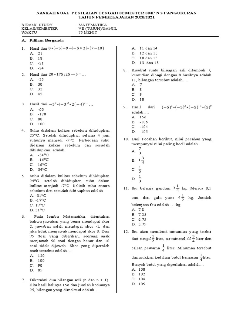 Soal Matematika Kelas 7 SMP | PDF