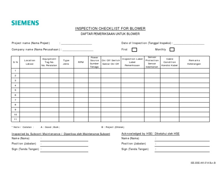SIE-HSE-003-F18 Inspection Checklist For Blower Rev. C | PDF