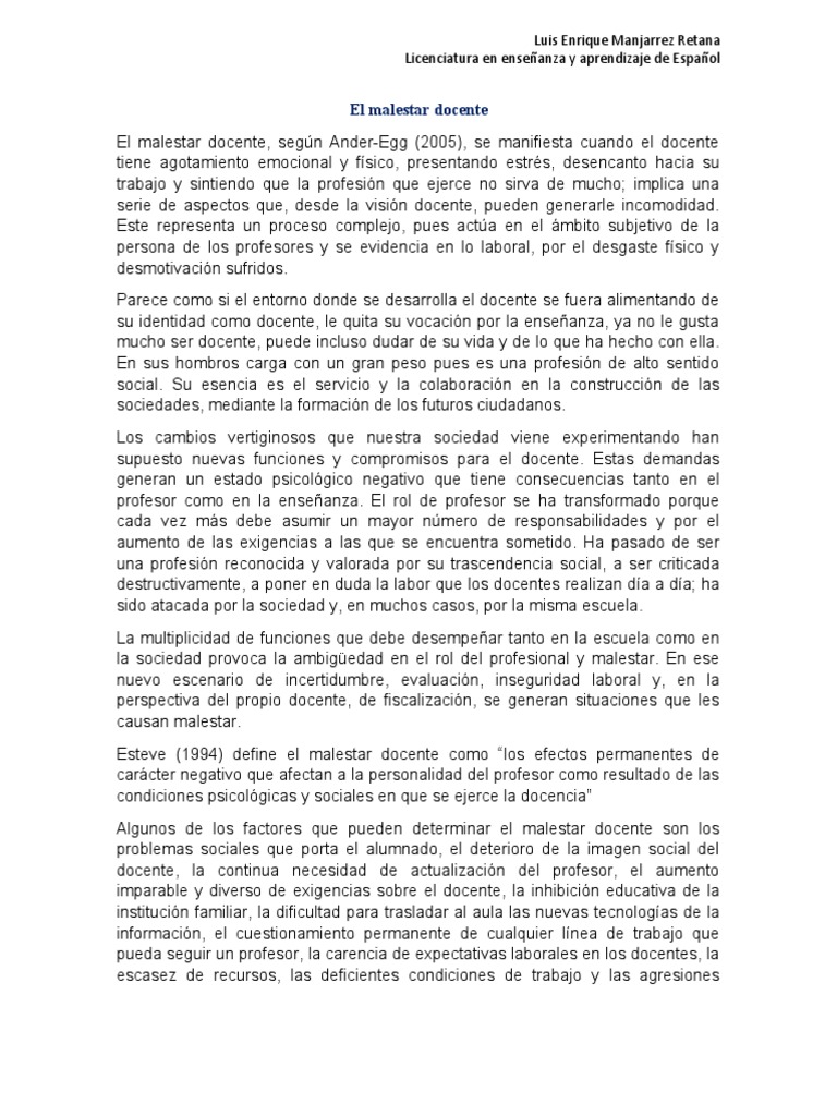 El Malestar Docente: Causas y Soluciones | PDF | Maestros | Método de ...