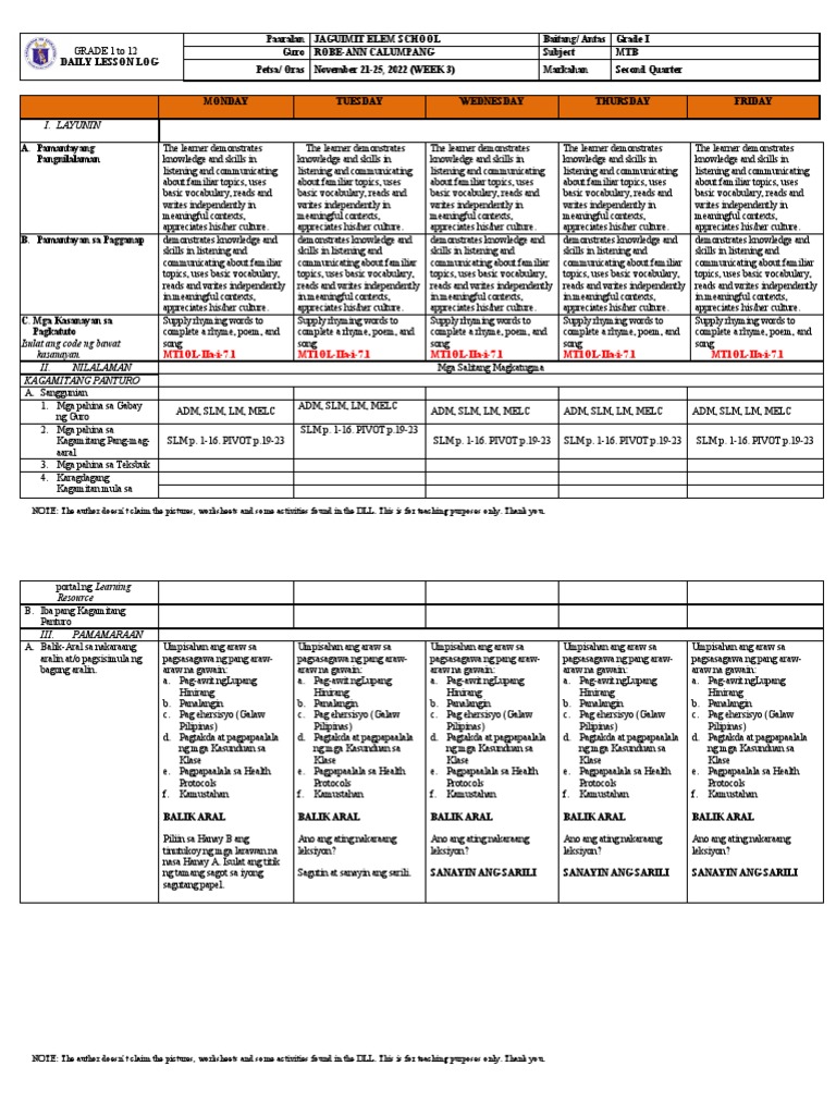 Weekly Lesson Plans and Activities for Grade 1 Filipino/Mother Tongue Lessons | PDF | Vocabulary ...