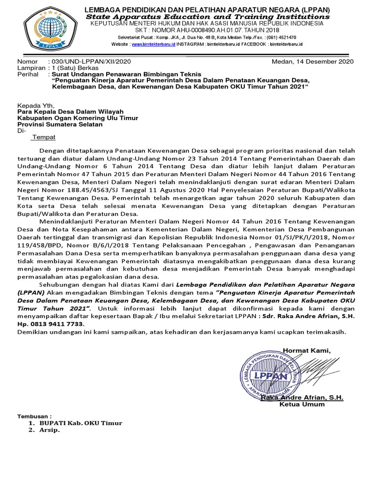 Surat Bimtek Lppan Wewenang Desa Kab. Oku Timur 2021 | PDF