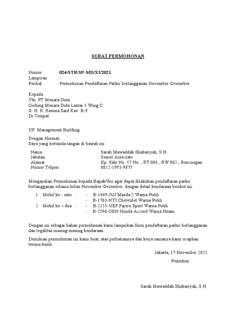 Surat Permohonan Parkiran | PDF