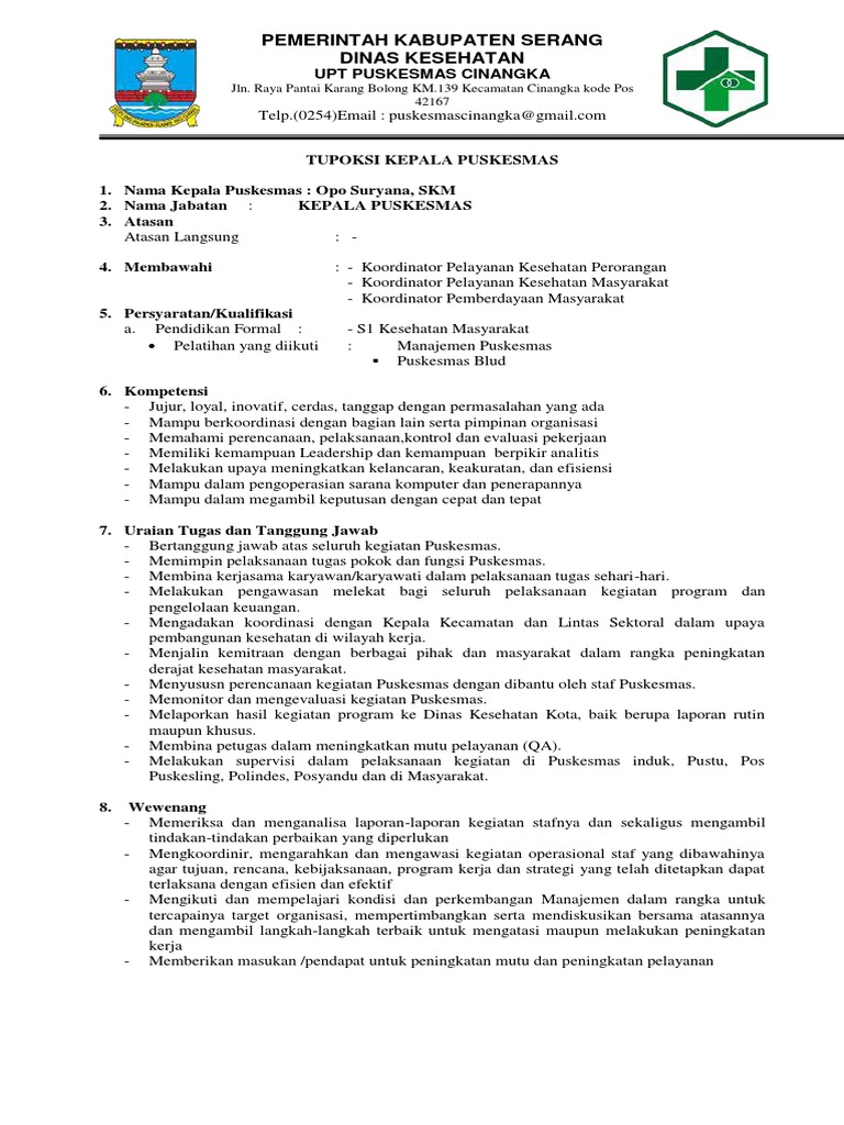 Uraian Tugas Dan Wewenang Kepala Puskesmas | PDF Uraian Tugas Dan Wewenang Kepala Puskesmas | PDF