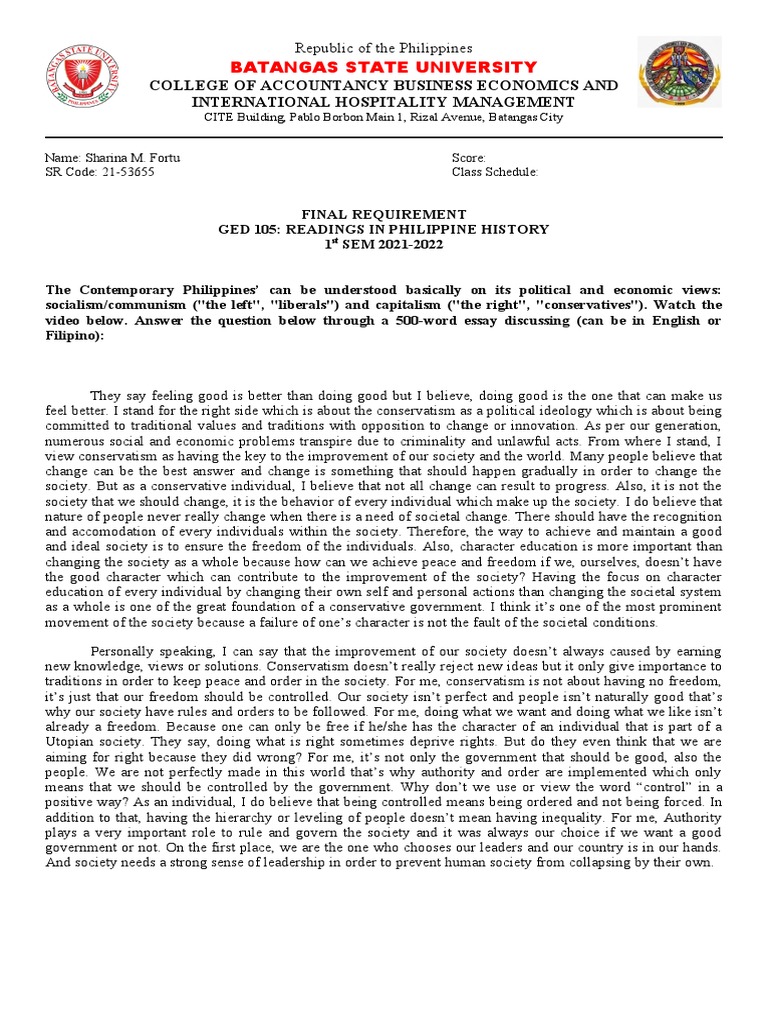GED 105 - Readings in Philippine History (Final Requirement) | PDF | Conservatism | Philippines