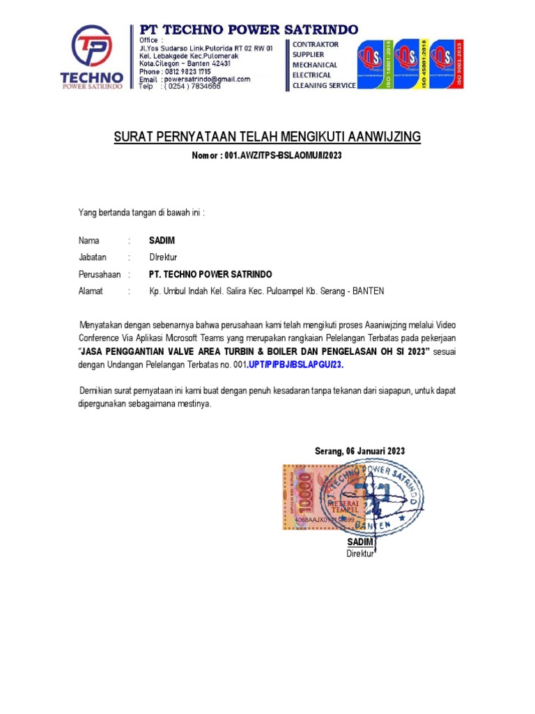 Surat Pernyataan Aanwijzing | PDF