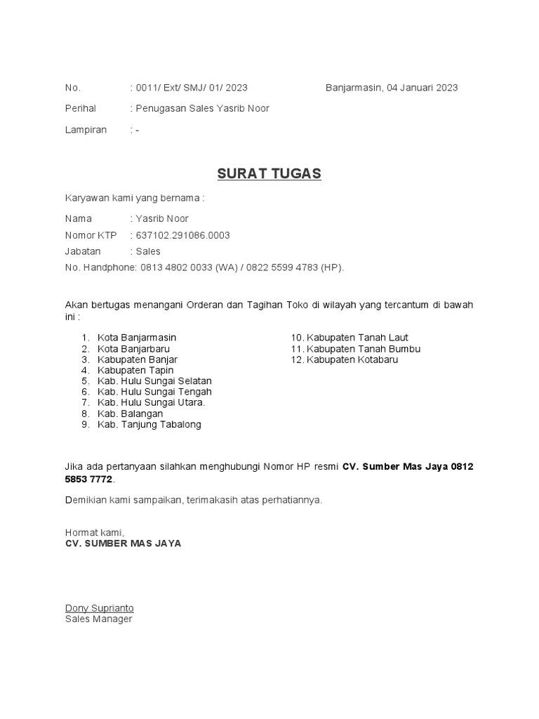 Surat Tugas Sales Yasrib Noor | PDF